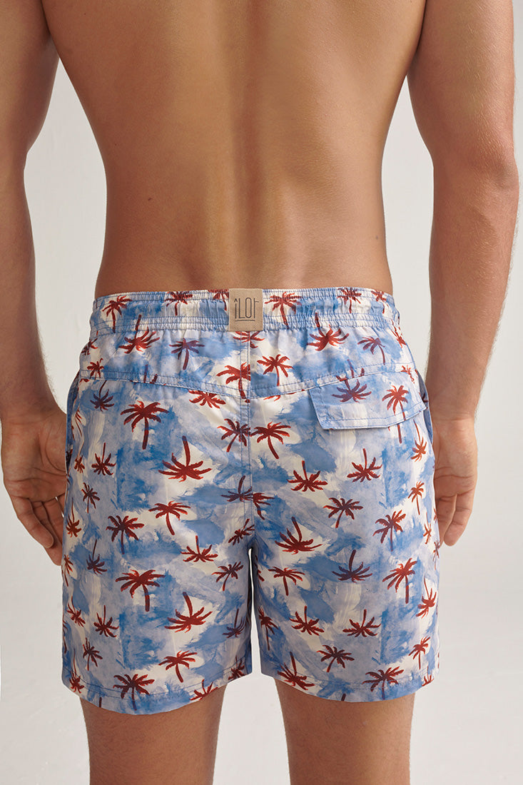 Find the printed swim trunks with drawstring waistband and cord with ...